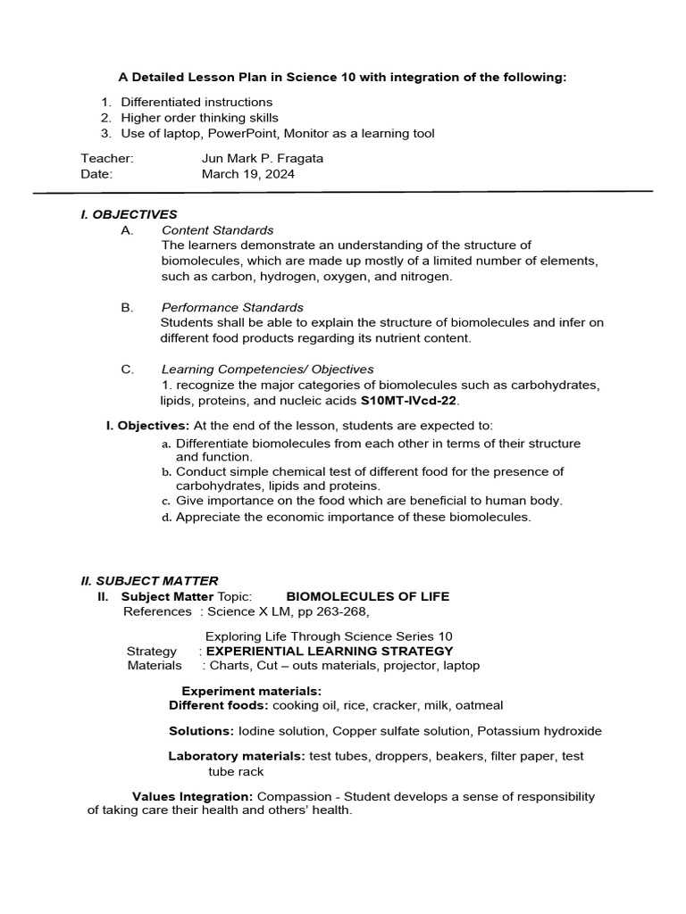 Science 10 Biomolecules Lesson Plan | PDF | Wellness
