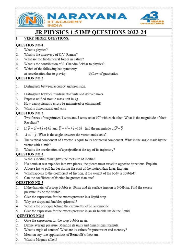 TS_JR_PHYSICS IMP_QUESTIONS 2023-24 | PDF | Collision | Speed