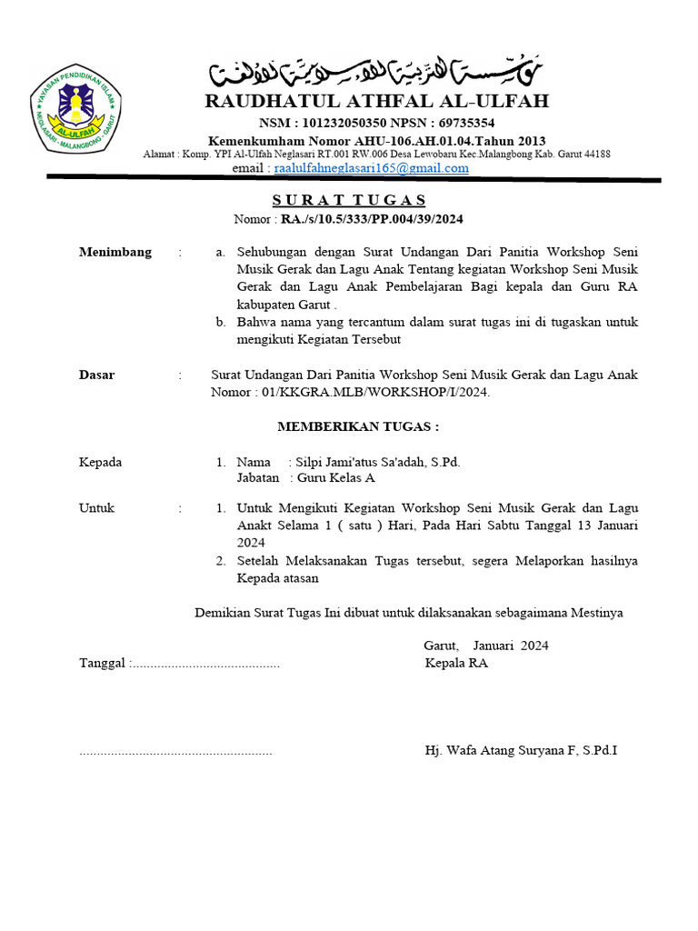 Surat Tugas Workshop Musik Anak RA | PDF