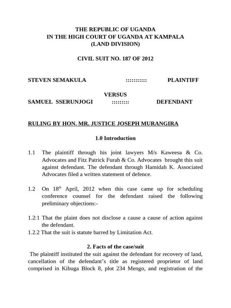Ssemakula V Serunjogi (Civil Suit No 187 of 2012) 2013 UGHCLD 46 (27 May 2013) | PDF | Lawsuit ...
