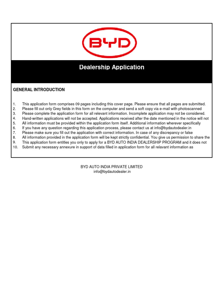 BYD India Dealer Application Form | PDF | Banks | Car Dealership