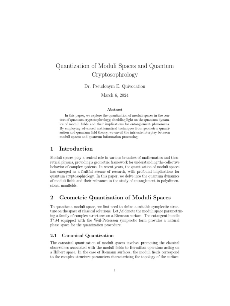 Quantization of Moduli Spaces and Quantum Cryptosophrology II | PDF | Quantization (Physics ...