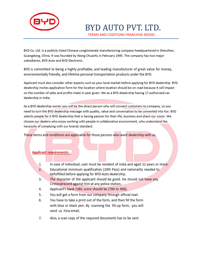 BYD_TERMS_AND_CONDITIONS_ | PDF | Car Dealership | Franchising