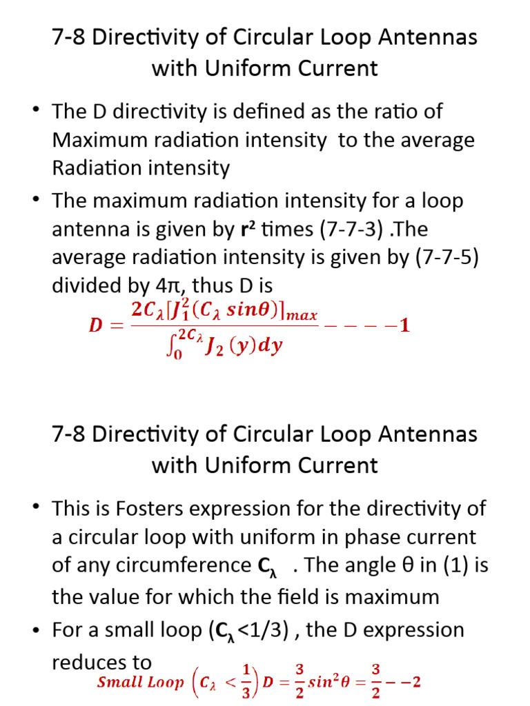 7-8 Directivity of Circular Loop Antennas With Uniform Current | PDF | Antenna (Radio) | Radiation