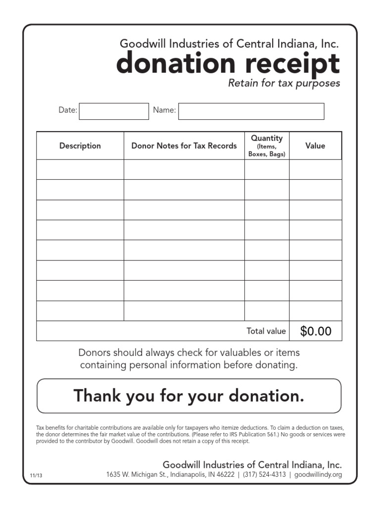 Goodwill Donation Receipt Template | PDF