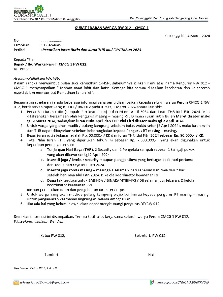 Draft Surat Edaran Iuran THR 2024 CMCG1 | PDF | Sains & Matematika