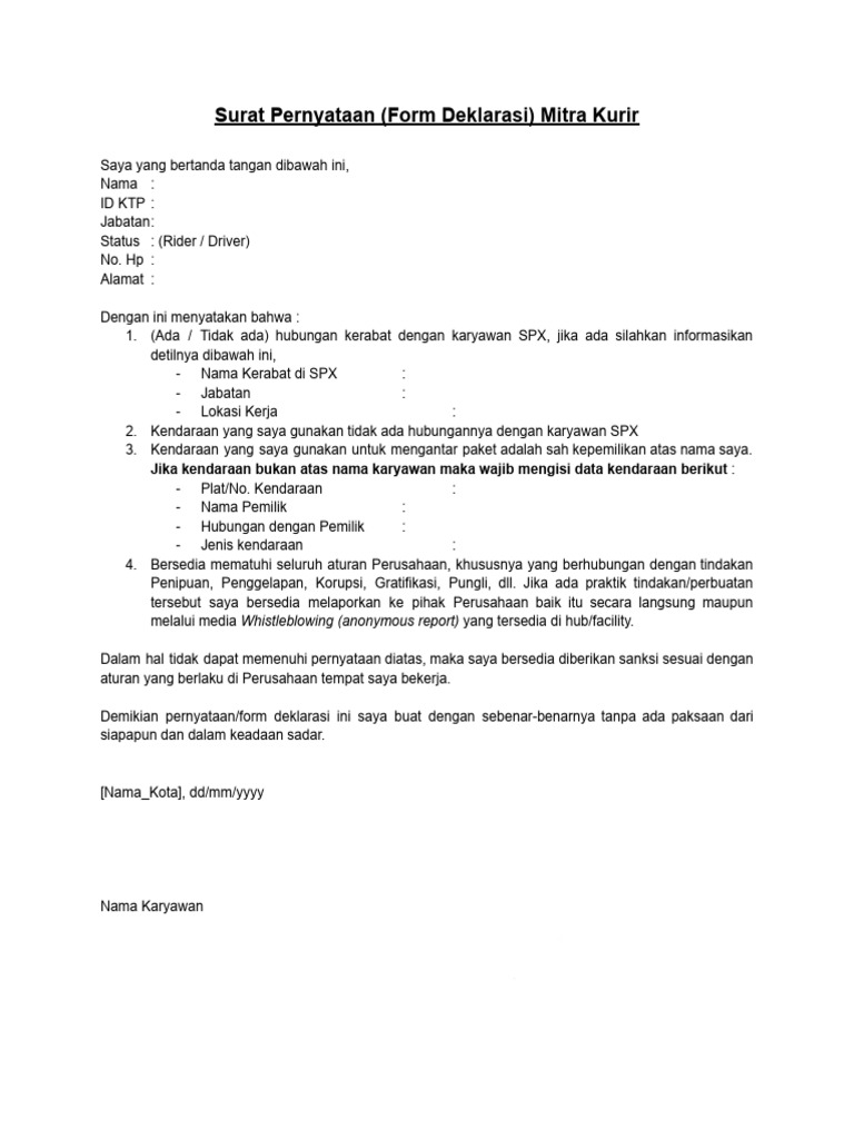Surat Pernyataan - Form Deklarasi Kurir - Mitra | PDF