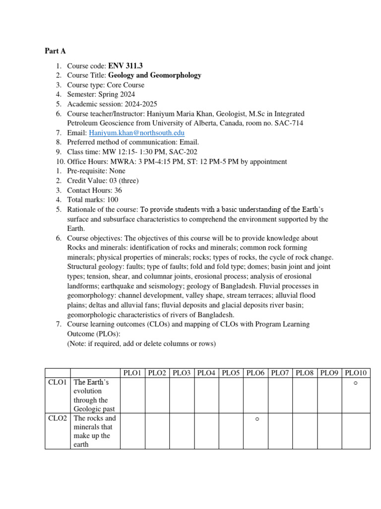 Course - Outline - ENV311.3 - Spring 2024 | PDF | Geology | Earth Sciences
