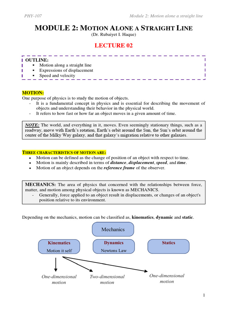 One-Dimensional Motion Basics | PDF | Velocity | Force