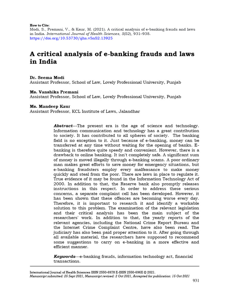 E-Banking Frauds and Legal Framework in India | PDF | Banks | Reserve ...