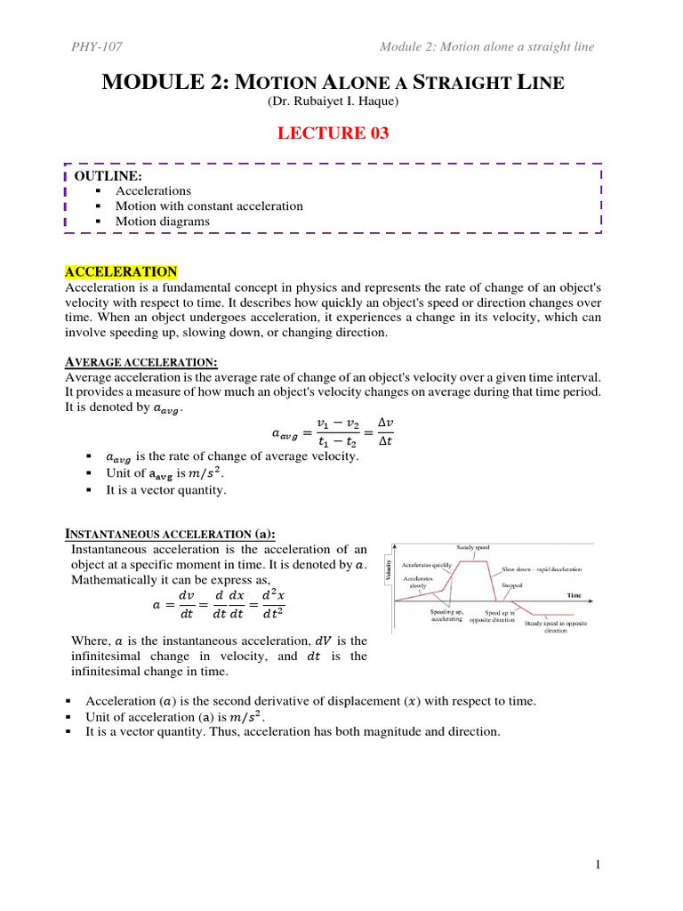 LECTURE 03 (NOTE) - Module 02 - Motion Along a Straint Line | PDF | Acceleration | Velocity