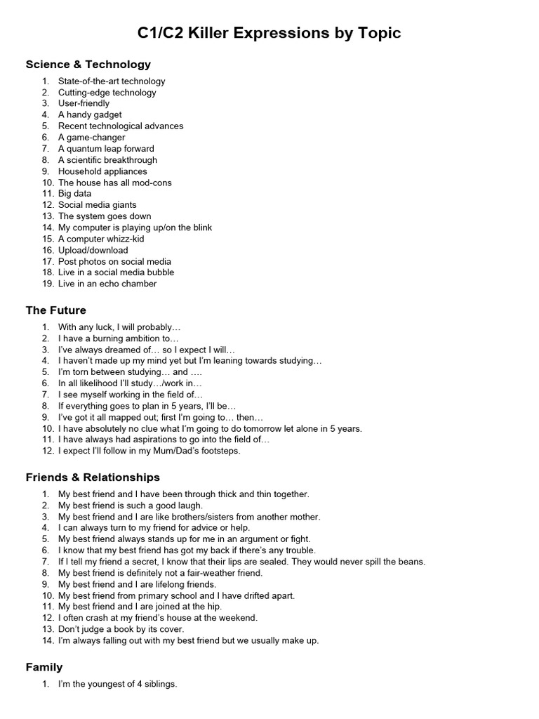 C1/C2 Expressions by Topic | PDF | Cooking, Food & Wine | Language Arts ...