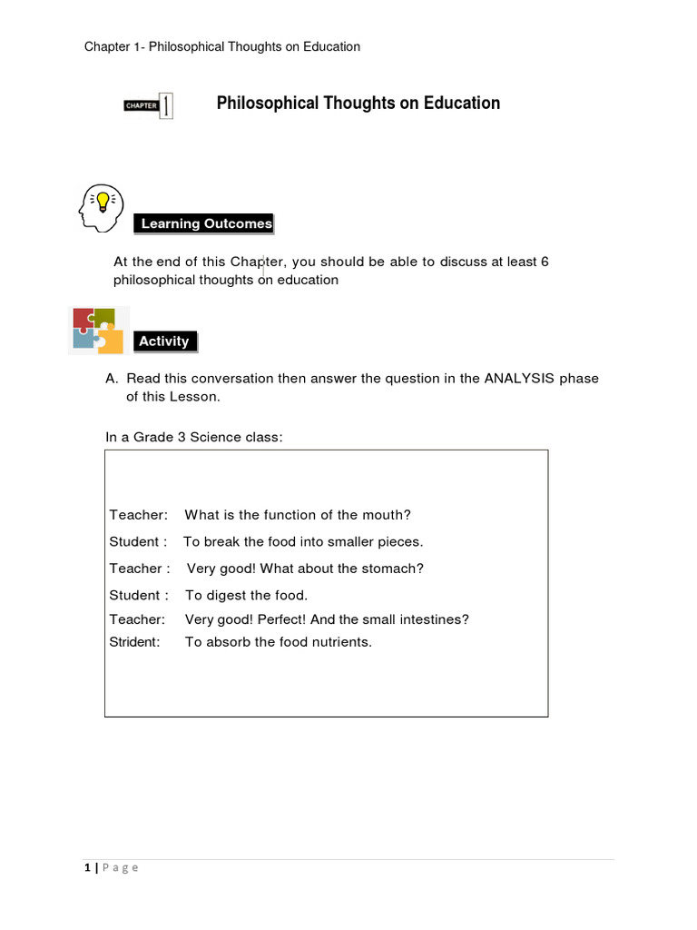 Chapter 1 Philosophical Thoughts On Education | PDF | Pedagogy | Learning