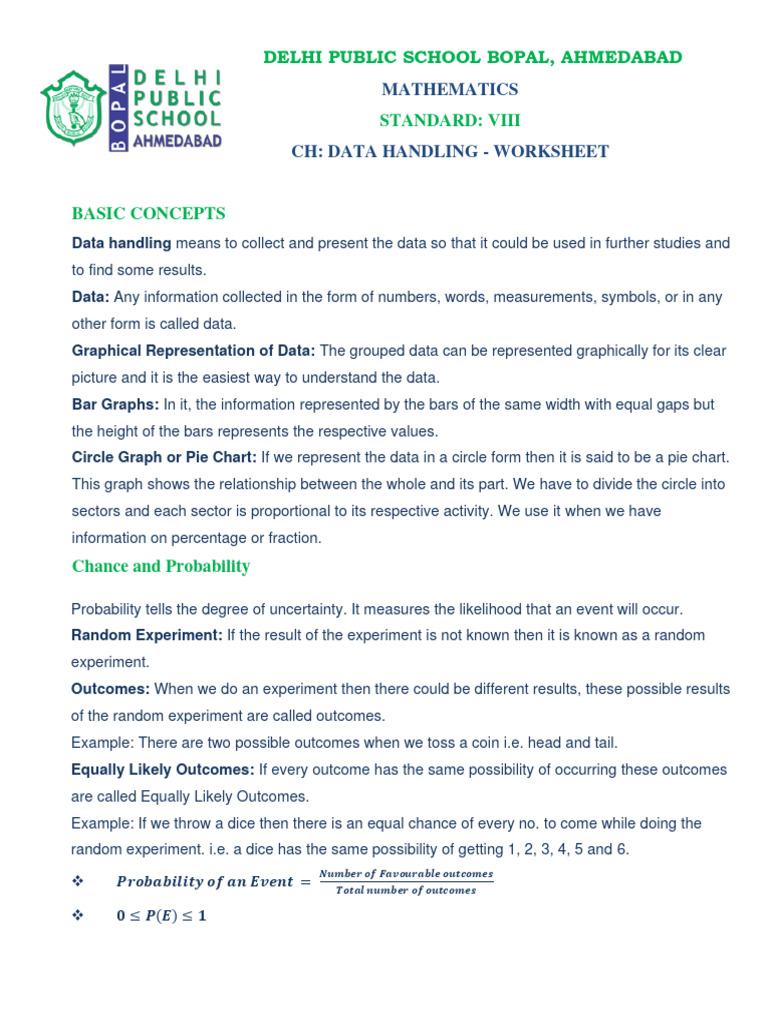 Grade 8 Math: Data Handling Worksheet | PDF | Probability | Information