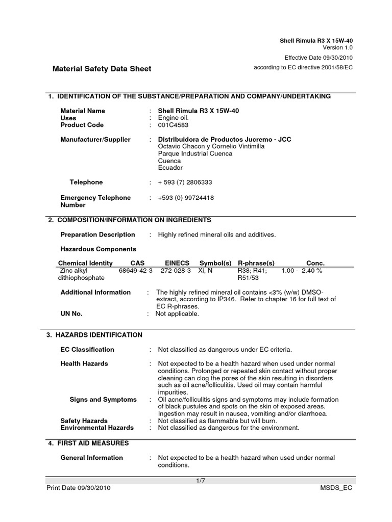 Shell Rimula R3 X 15W-40 MSDS | PDF | Toxicity | Hazards