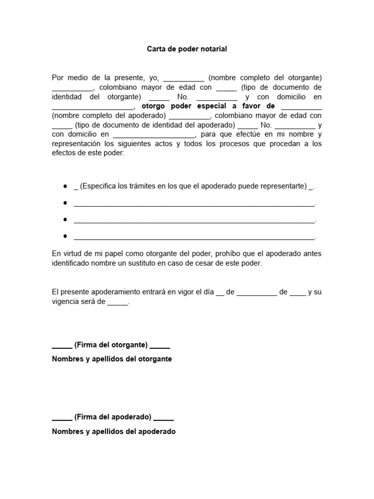 Modelo de carta de poder notarial | PDF | Derecho | Ciencias sociales