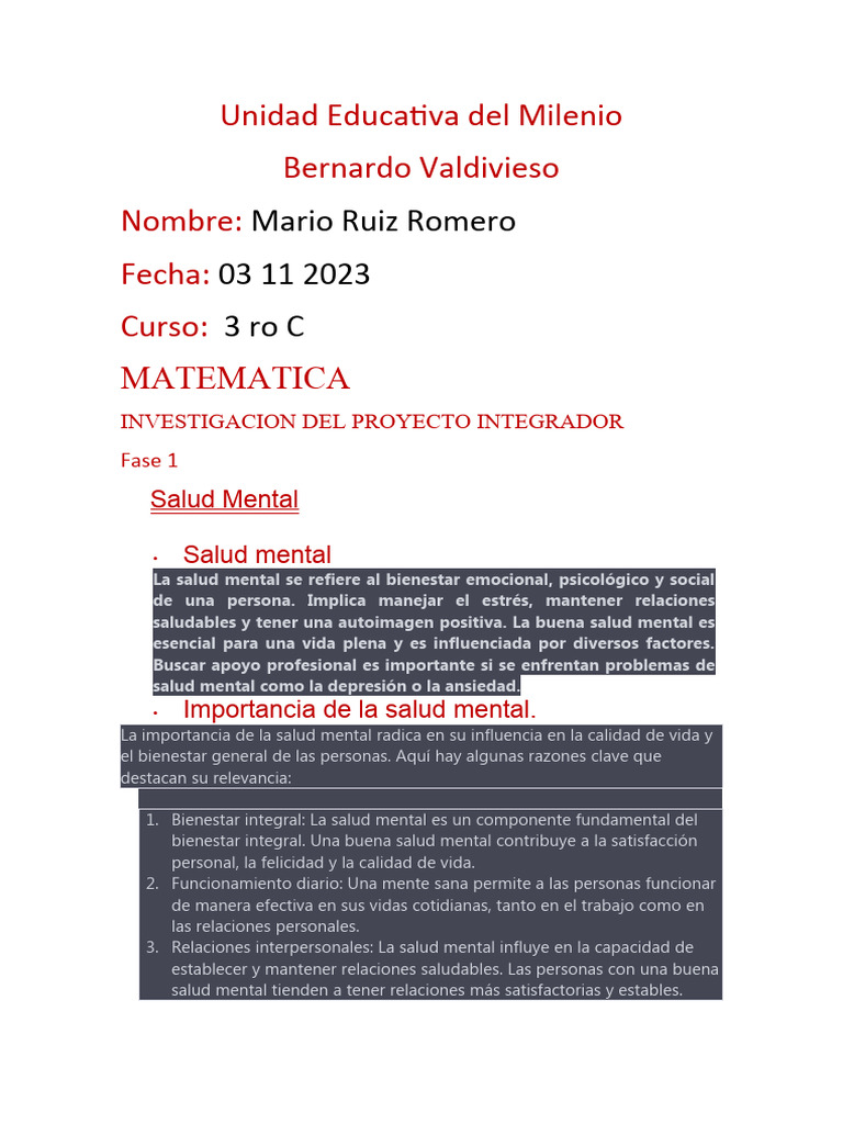 Proyecto de Mate Integrador | PDF | Salud mental | Trastorno mental