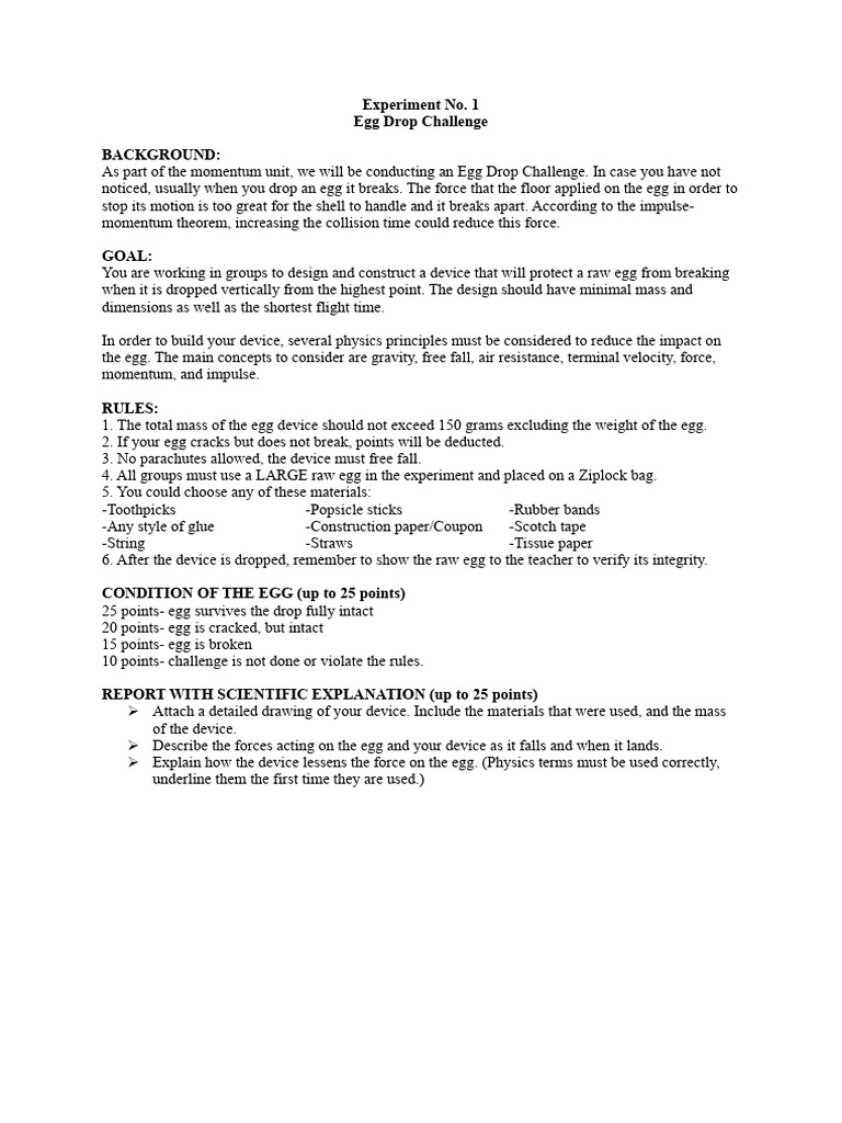 Experiment No. 1 Egg Drop | PDF | Force | Momentum