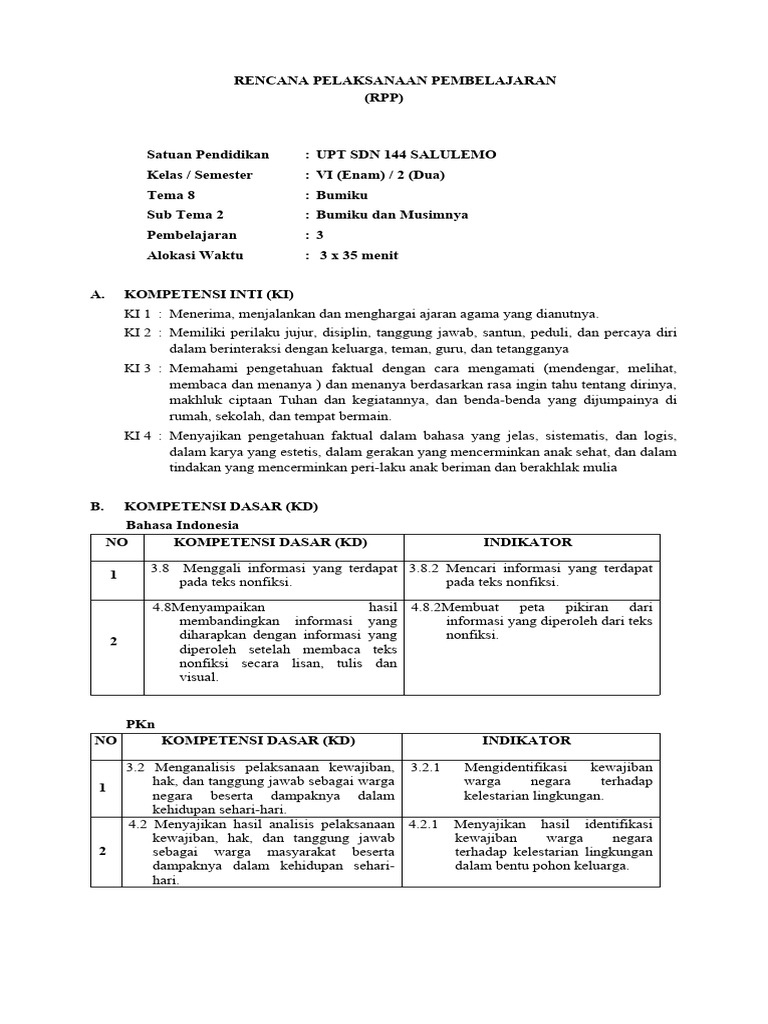 RPP KLS VI Tema 8, ST 2, PB 3 | PDF