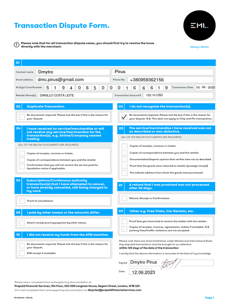 Dispute Form 1 | PDF