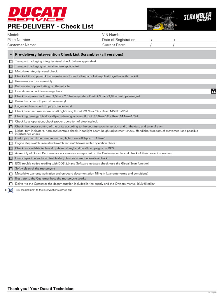 923-SAT ING - PRE-DELIVERY Check List - Scrambler - Ed.01-15 | PDF ...