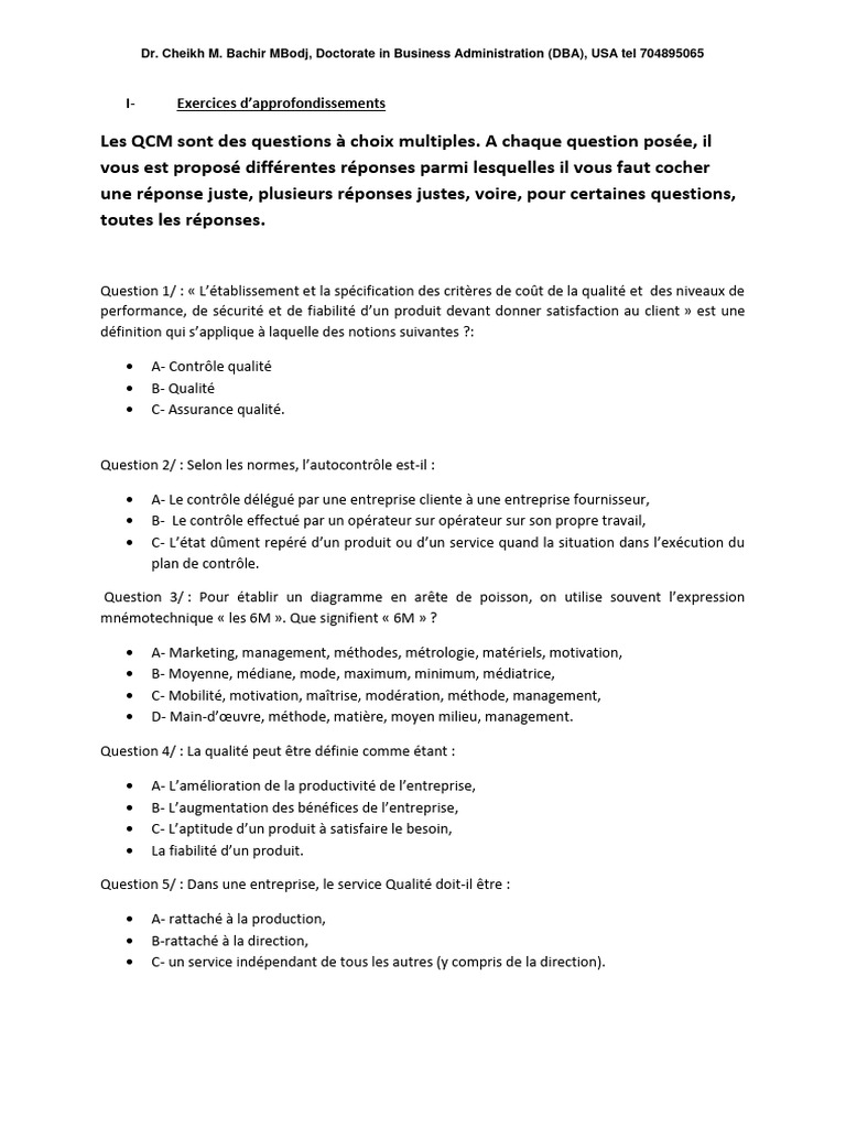 Exos D'Approfondissements QCM ISO Qualité DR Bachir Mbodj-1 | PDF