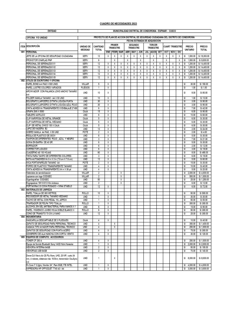 Cuadro Excel de Necesidades Codisec 2023 | PDF | Equipo de oficina | Mala conducta