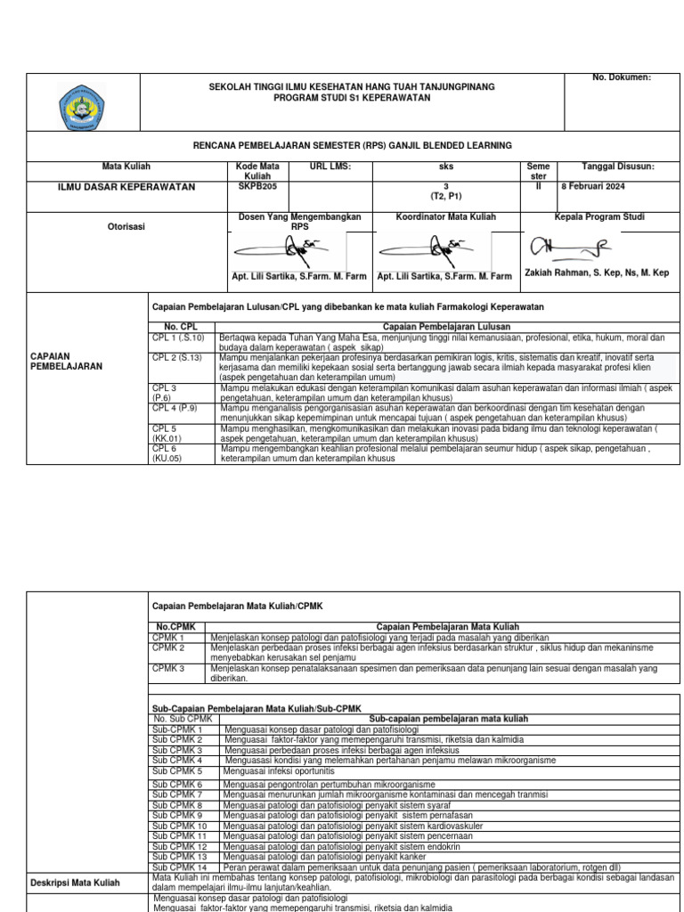 RPS Ilmu Dasar Kep Genap 2023-2024 | PDF | Pengembangan Diri | Sains & Matematika