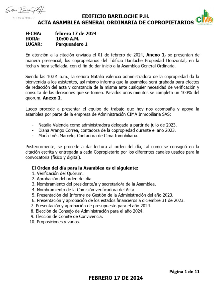 Acta Asamblea General de Copropietarios | PDF | Condominio | Presupuesto
