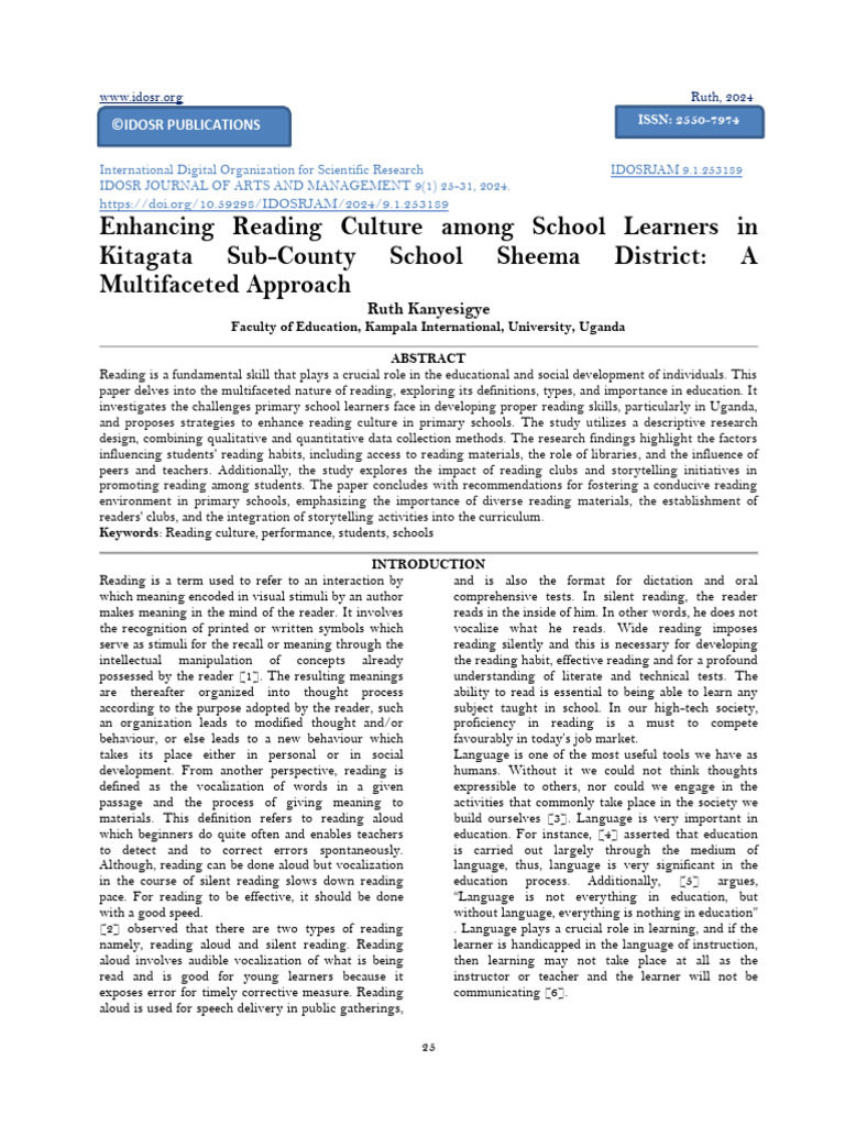 Enhancing Reading Culture Among School Learners in Kitagata Sub-County ...