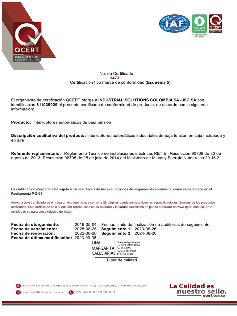 Cert 1473 Chint Interruptores NM1 NXM NM8 NXA NA1-3 | PDF | Tecnología