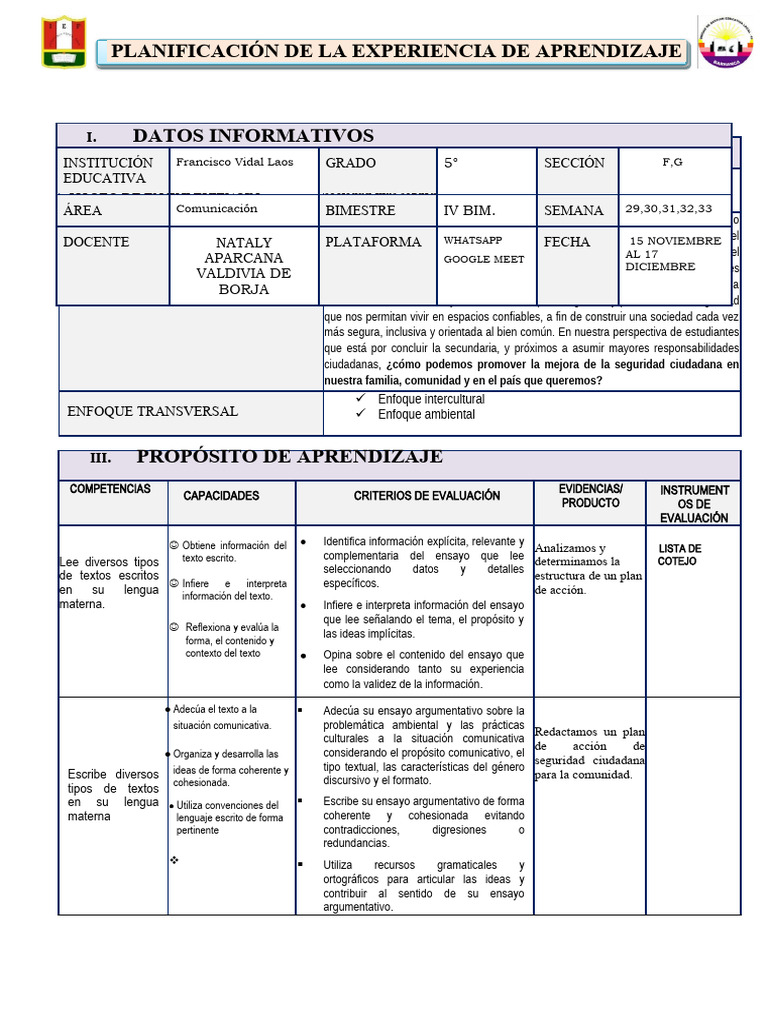 Experiencia de Aprendizaje 9-Semana 29 - 5 F G | PDF | Ensayos | Evaluación