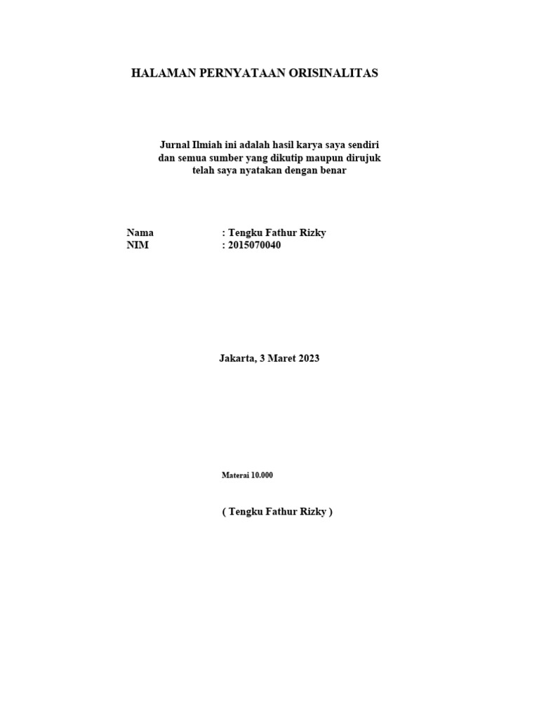 Halaman Pernyataan Orisinalitas Bermaterai | PDF | Sains & Matematika