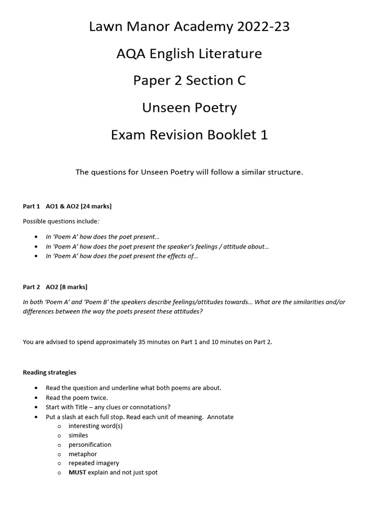 Unseen-Poetry-Learning-Booklet-1-2022-23-v1-1 | PDF | Poetry