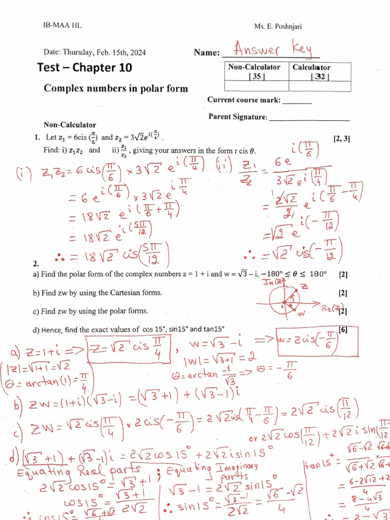 Ch.10 TEST Answer Key - Corrected # 5 Calc. (Complex Numbers of Polar ...
