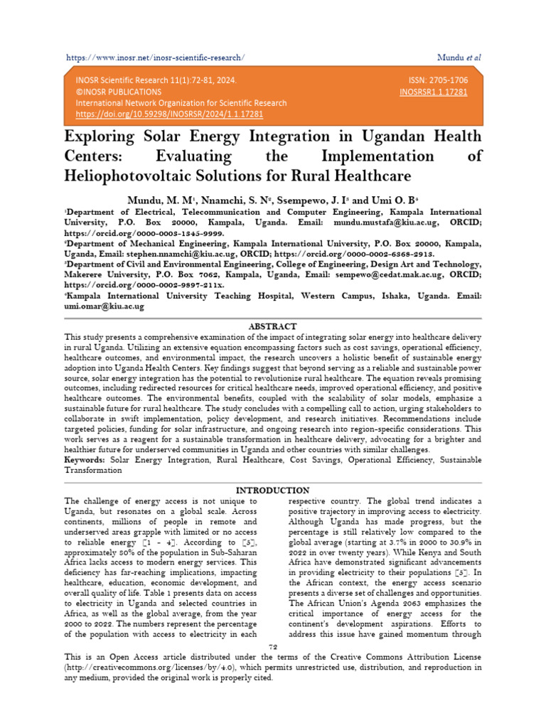 Exploring Solar Energy Integration in Ugandan Health Centers Evaluating The Implementation of ...