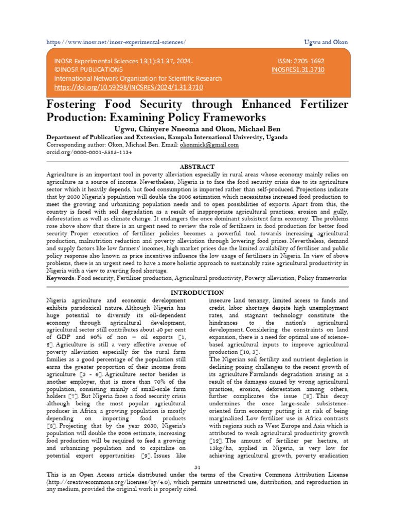 Fostering Food Security Through Enhanced Fertilizer Production ...