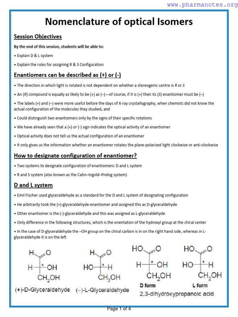 Nomenclature of Optical Isomers Explained | PDF | Space | Stereochemistry