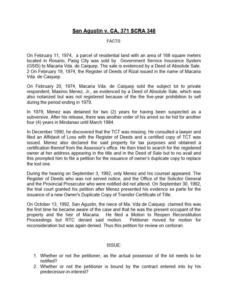 Case Digest - San Agustin v. CA, 371 SCRA 348 | PDF | Public Law ...