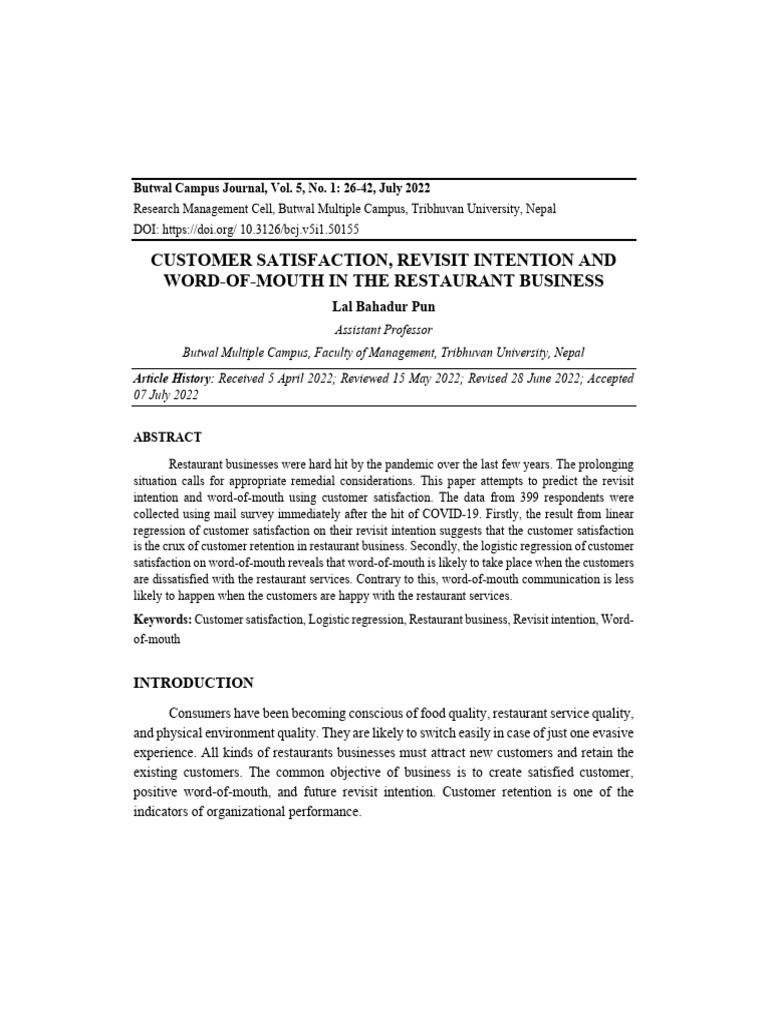 Customer Satisfaction, Revisit Intention and | PDF | Customer ...