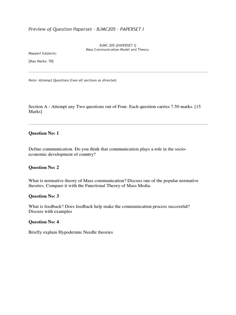 Sample Question Paper BAJMC | PDF | Communication | Mass Media