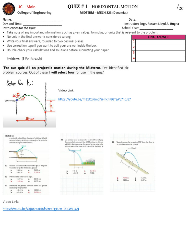 Problem Source Quiz 1A Projectile Motion Midterm | PDF