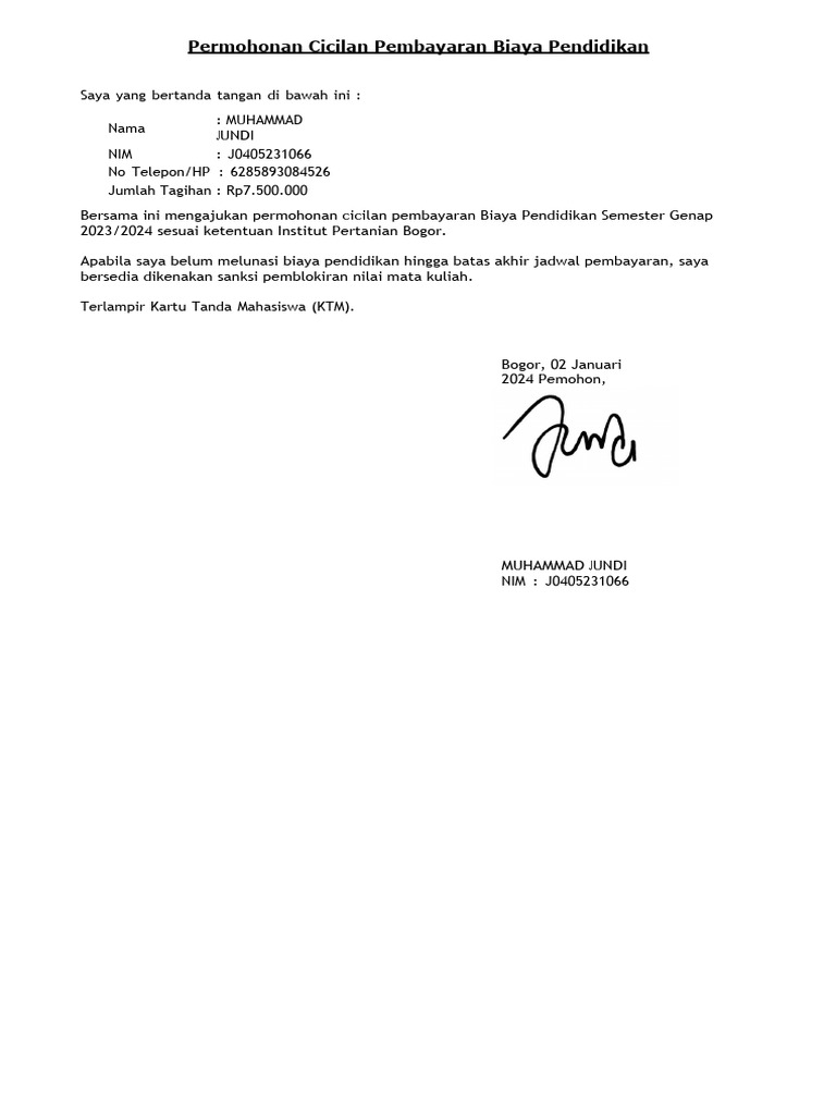 Surat Permohonan Cicilan | PDF