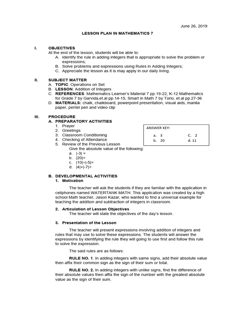 Lesson Plan in Math 7 | PDF | Mathematics | Lesson Plan