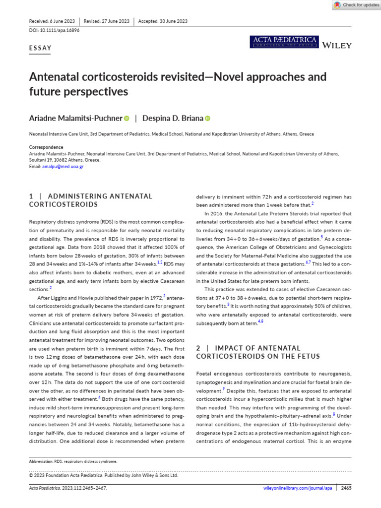 Antenatal Corticosteroids: New Insights | PDF | Preterm Birth | Prenatal Development