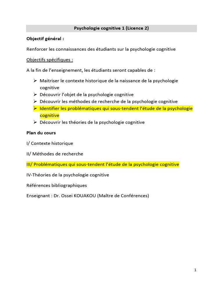 Cour Psychologie Cognitive 1 Licence 2 | PDF
