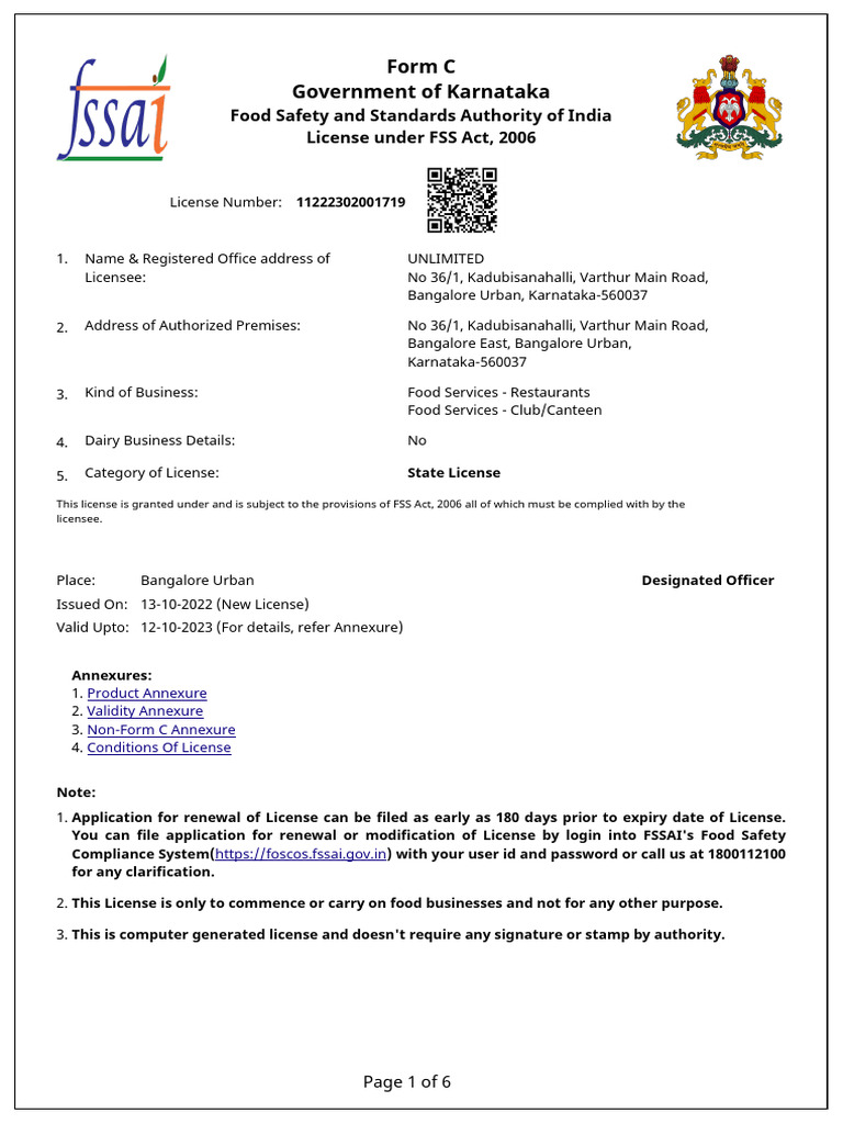 Form C Government of Karnataka: Food Safety and Standards Authority of India License Under FSS ...