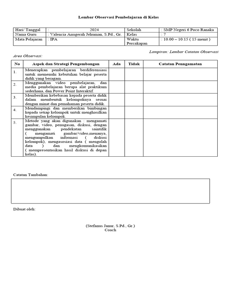 2 - Lembar Observasi Pembelajaran Di Kelas | PDF | Karier & Perkembangan