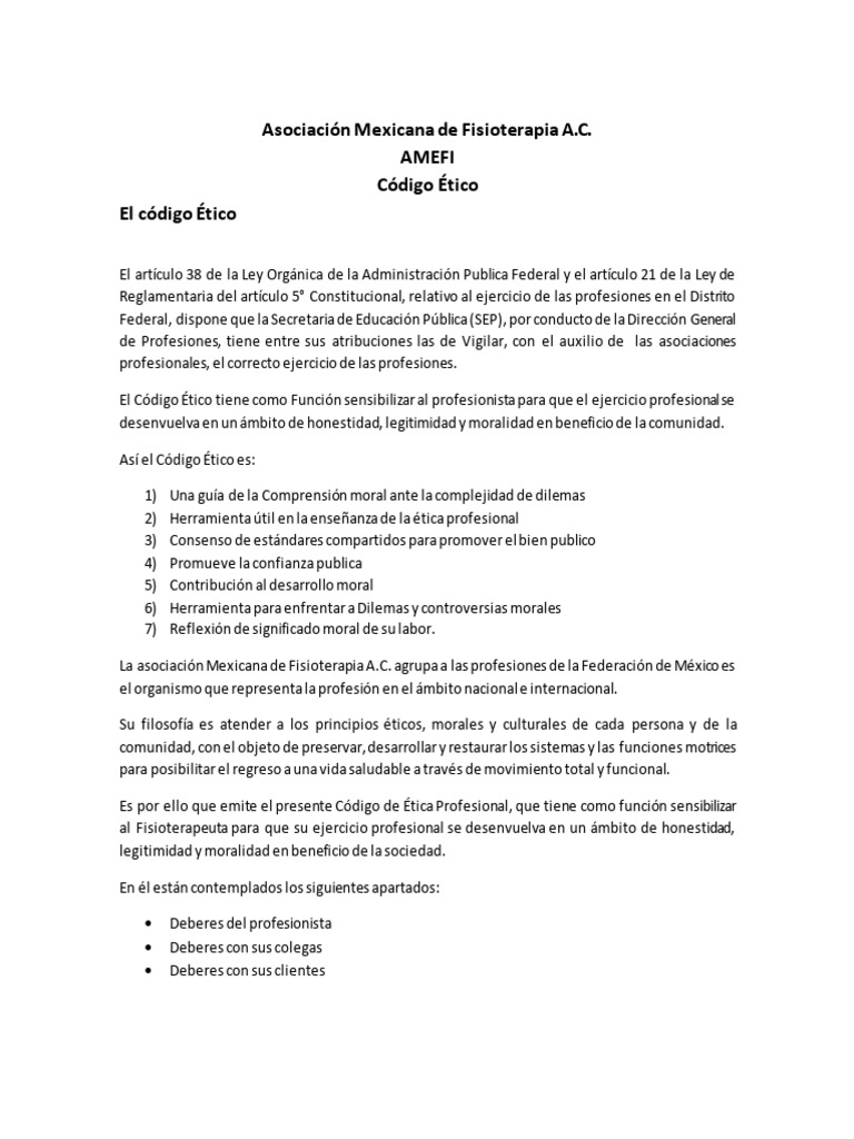 Codigo de Ética Fisioterapeuta | PDF | Terapia física | México