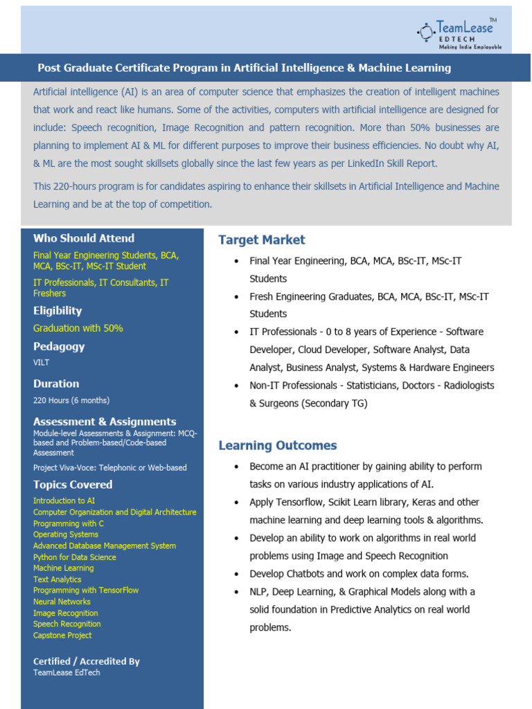 Post Graduate Certificate Program in Artificial Intelligence and ...
